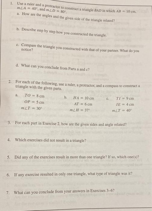 Solved 1. Use a ruler and a protractor to construct a | Chegg.com