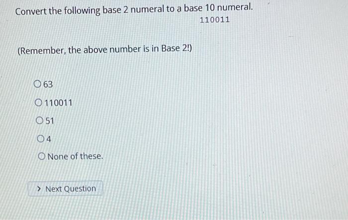 Solved Convert the following base 2 numeral to a base 10 | Chegg.com