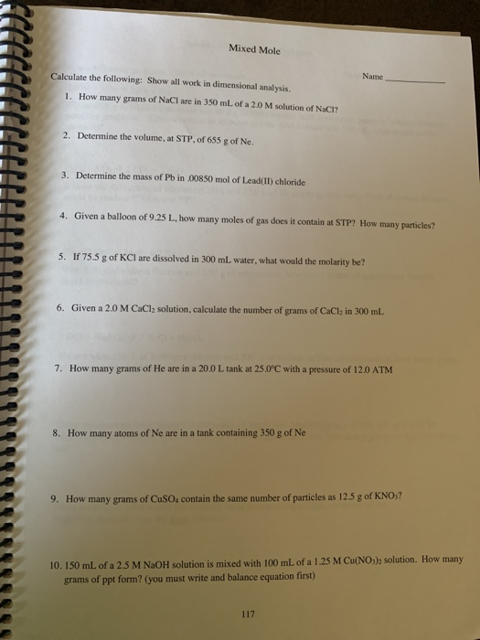 Solved Mixed Mole Calculate the following: Show all work in | Chegg.com