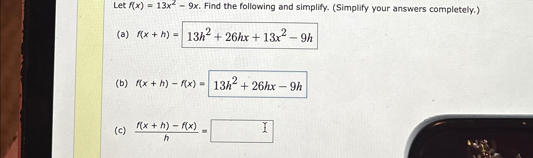 Solved Let f(x)=13x2-9x. ﻿Find the following and simplify. | Chegg.com