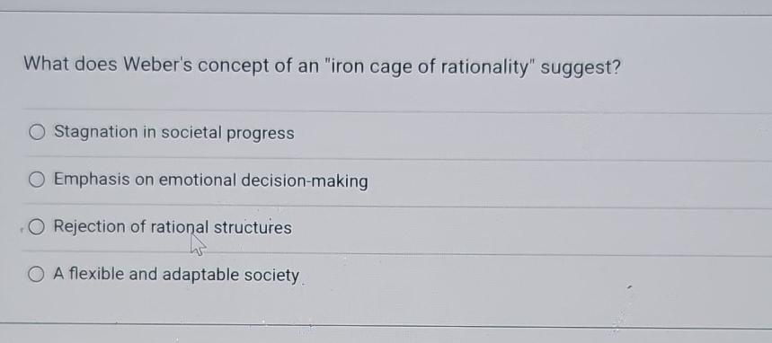 Solved What does Weber's concept of an "iron cage of | Chegg.com