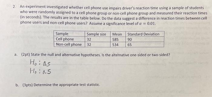 Solved 2. An experiment investigated whether cell phone use | Chegg.com