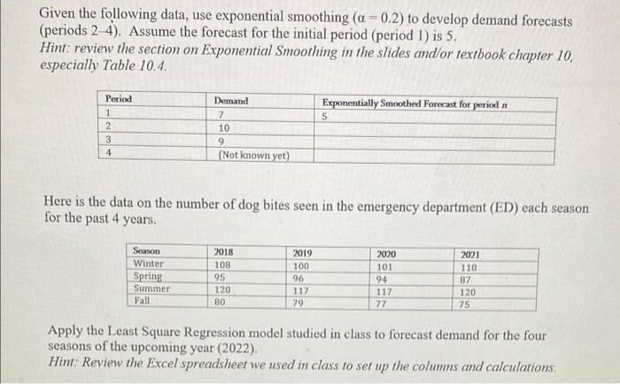 Solved Given the following data, use exponential smoothing | Chegg.com