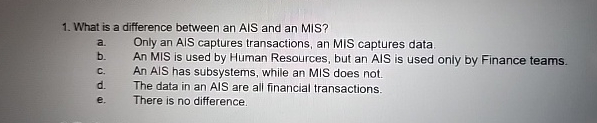 What is a difference between an AIS and an MIS?\\na. | Chegg.com What is a difference between an AIS and an MIS?\\na. | Chegg.com