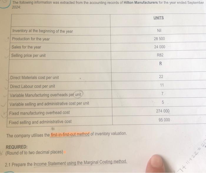 Solved The following information was extracted from the | Chegg.com