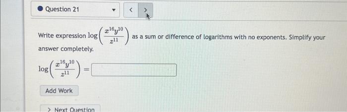 Solved Write expression log(z11x16y10) as a sum or | Chegg.com