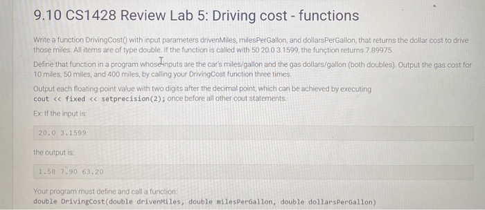 Solved 910 Cs1428 Review Lab 5 Driving Cost Functions 7632