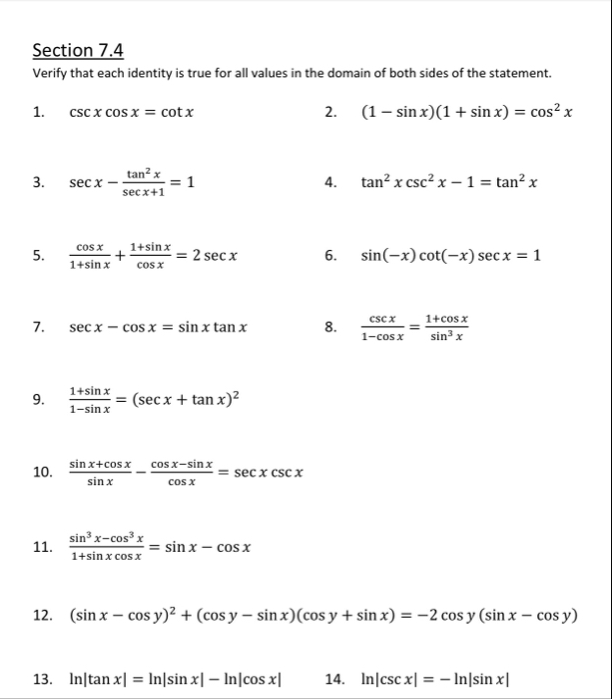 Solved Section 7.4Verify that each identity is true for all | Chegg.com