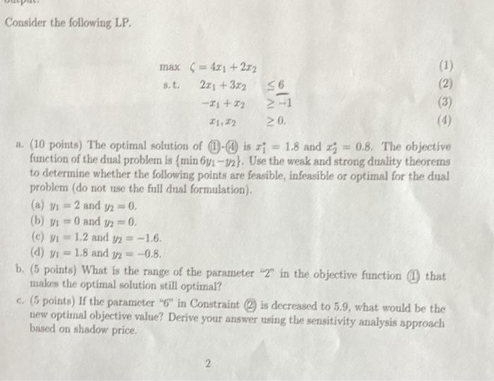 Consider the following LP. maxζ=4x1+2x2 s.t. | Chegg.com