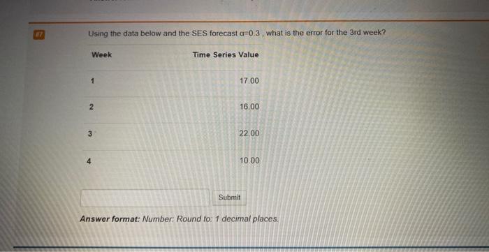 Solved Using the data below and the SES forecast a=0.3, what | Chegg.com