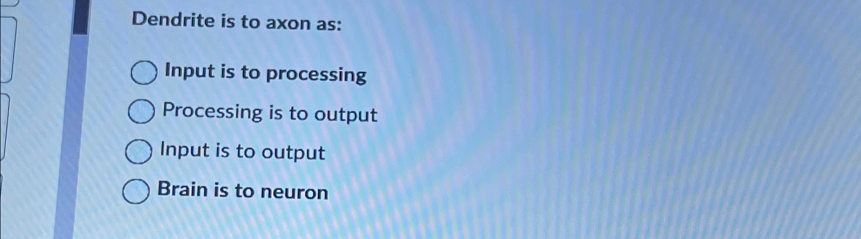 Solved Dendrite is to axon as:Input is to | Chegg.com