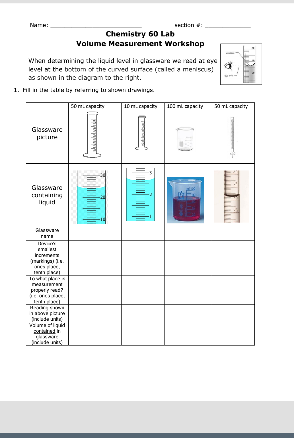 Solved Name: section #: Chemistry 60 Lab Volume Measurement | Chegg.com