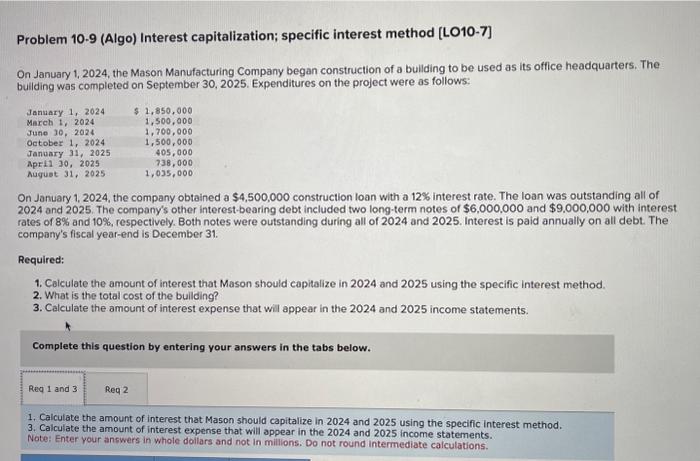 Solved Problem 10-9 (Algo) Interest capitalization; specific | Chegg.com