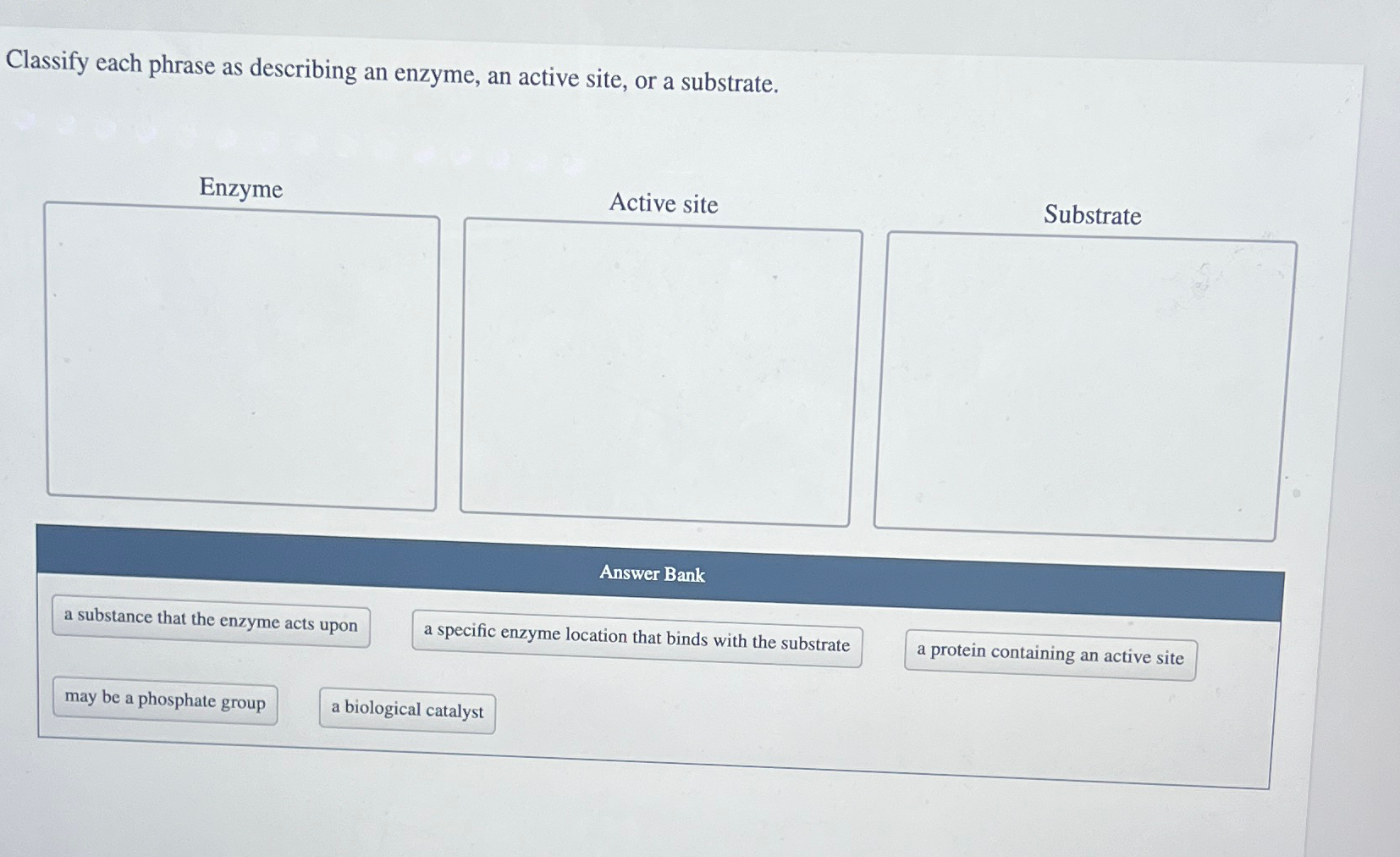 Classify each phrase as describing an enzyme, an | Chegg.com