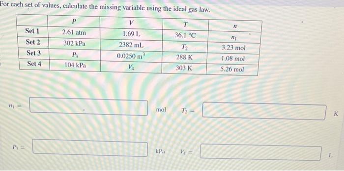 Solved For each set of values, calculate the missing | Chegg.com