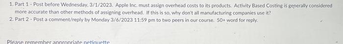 Solved 1. Part 1 - Post before Wednesday, 3/1/2023. Apple | Chegg.com