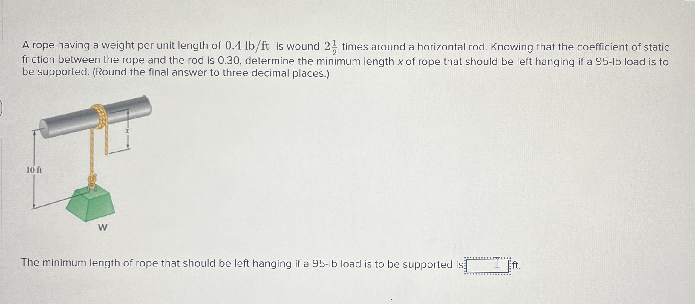 Solved A rope having a weight per unit length of 0.4lbft ﻿is | Chegg.com