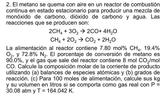 Solved 2. El metano se quema con aire en un reactor de | Chegg.com