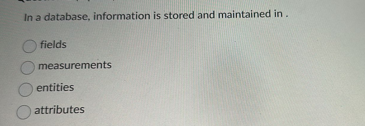 Solved In a database, information is stored and maintained | Chegg.com