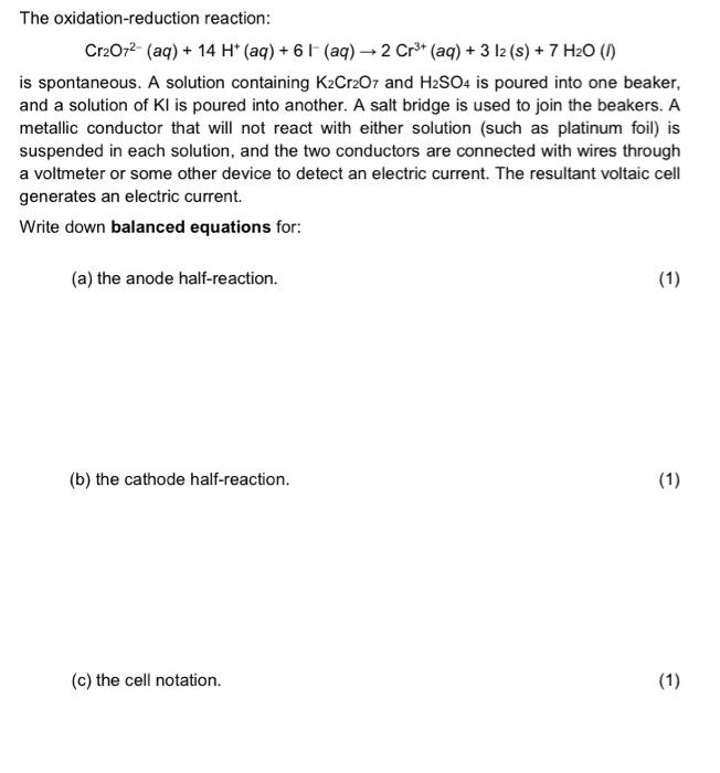 Solved The oxidation-reduction reaction: Cr2O72- (aq) + 14 | Chegg.com