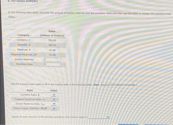 Solved 6. The money multiplier In the following data table, | Chegg.com