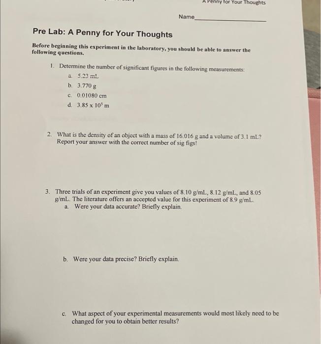 Solved Pre Lab: A Penny for Your Thoughts Before beginning | Chegg.com