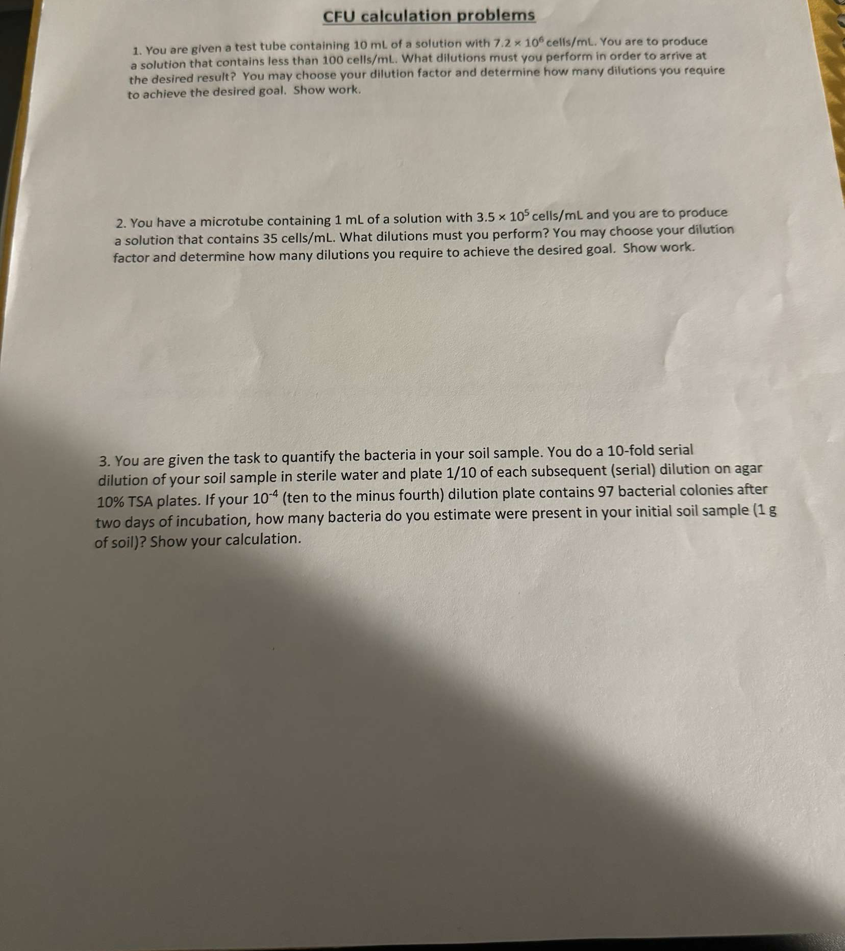 Solved Cfu Calculation Problemsyou Are Given A Test Tube