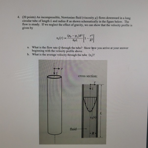 Solved 4. (20 points) An incompressible, Newtonian fluid | Chegg.com