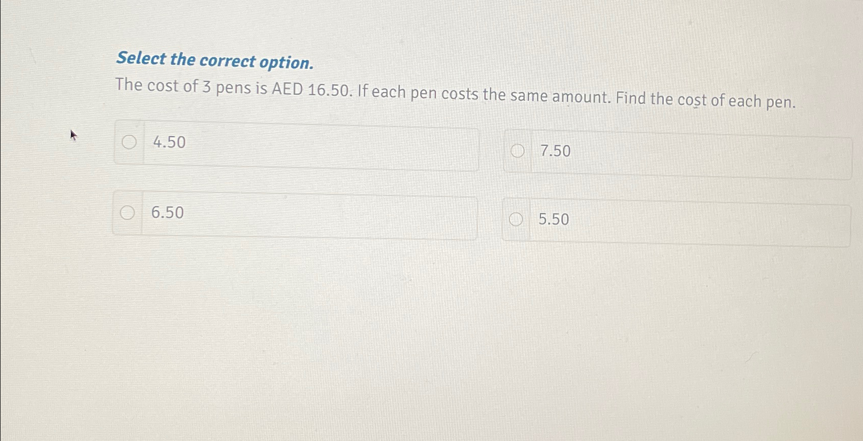 Solved Select the correct option.The cost of 3 ﻿pens is AED | Chegg.com