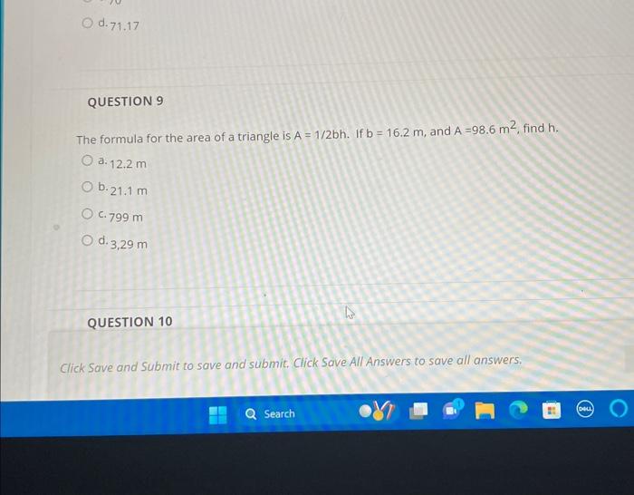 Solved The formula for the area of a triangle is A=1/2bh. If | Chegg.com