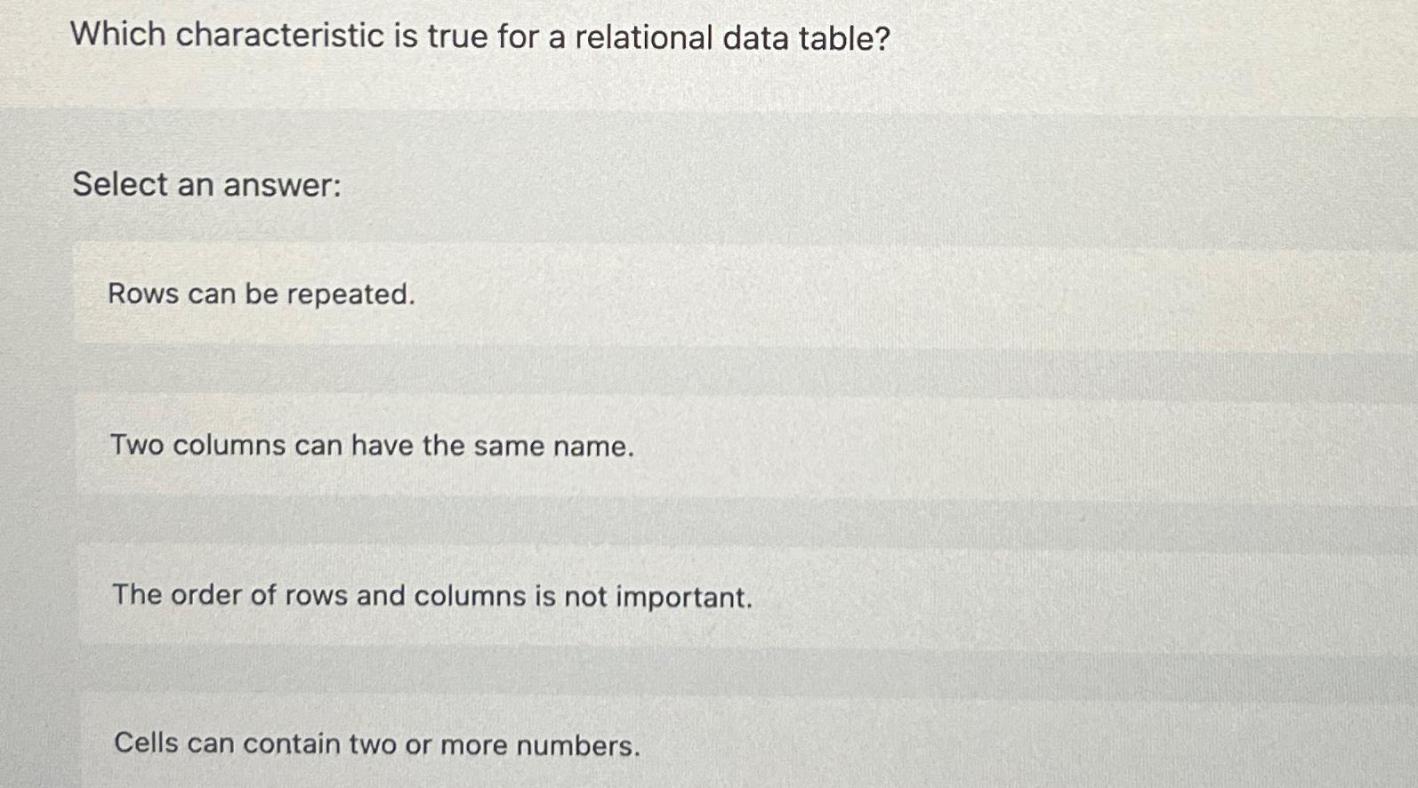 Solved Which characteristic is true for a relational data | Chegg.com