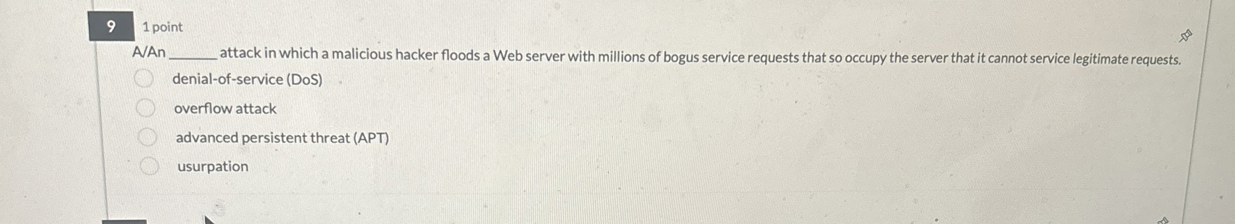 Solved 91 ﻿pointA/An. ﻿attack in which a malicious hacker | Chegg.com