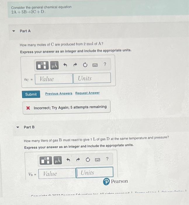 Solved Consider the general chemical equation 2A+5B−2C+D | Chegg.com