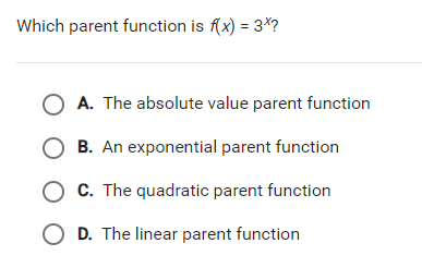 Solved Which parent function is f(x)=3x ? ﻿A. ﻿The absolute | Chegg.com