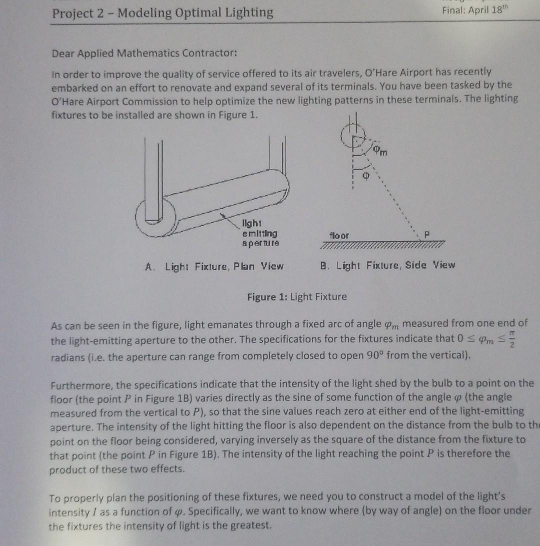 Solved Project 2 - Modeling Optimal Lighting Final: April | Chegg.com