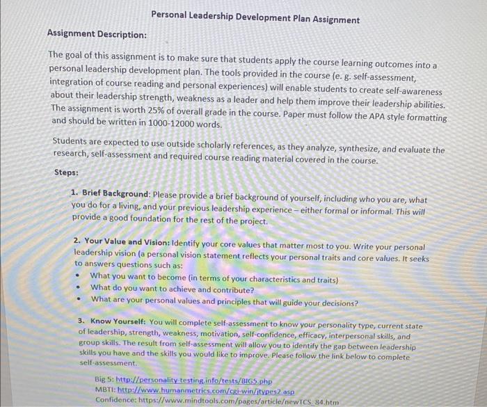 Personal Leadership Development Plan Assignment | Chegg.com