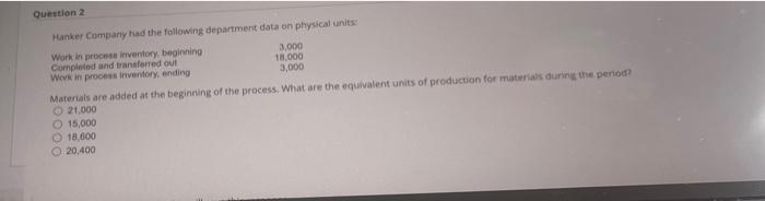 Solved Question 2 Hanker Company had the following | Chegg.com