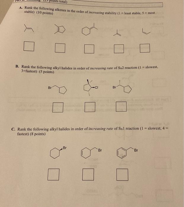 Solved points total) A. Rank the following alkenes in the | Chegg.com
