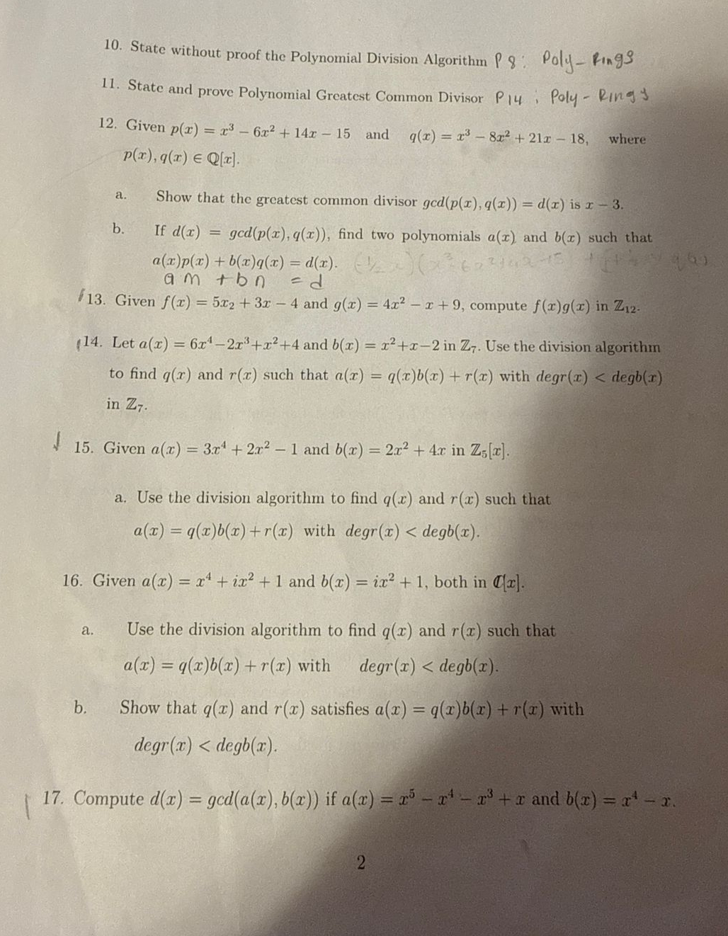 State without proof the Polynomial Division Algorithm | Chegg.com