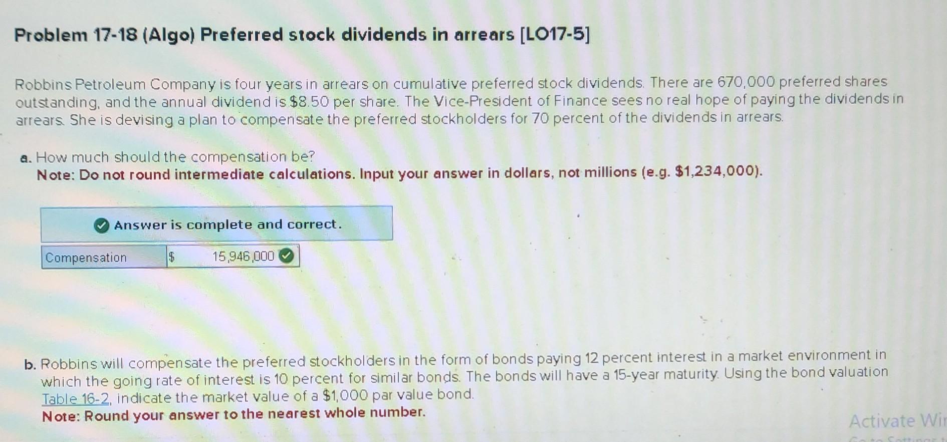 Solved Problem 17-18 (Algo) Preferred stock dividends in | Chegg.com