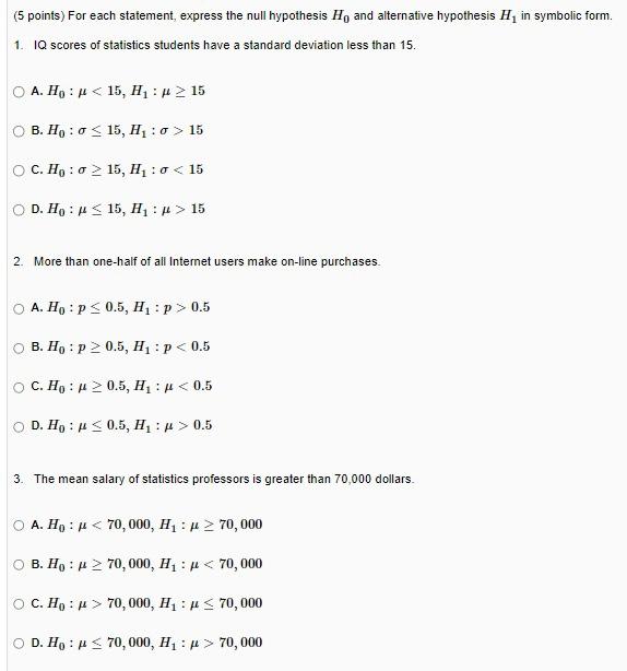 Solved (5 points) For each statement, express the null | Chegg.com