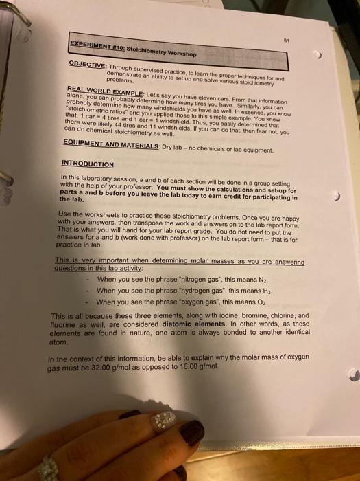 Solved EXPERIMENT #10: Stoichiometry Workshop OBJECTIVE: | Chegg.com