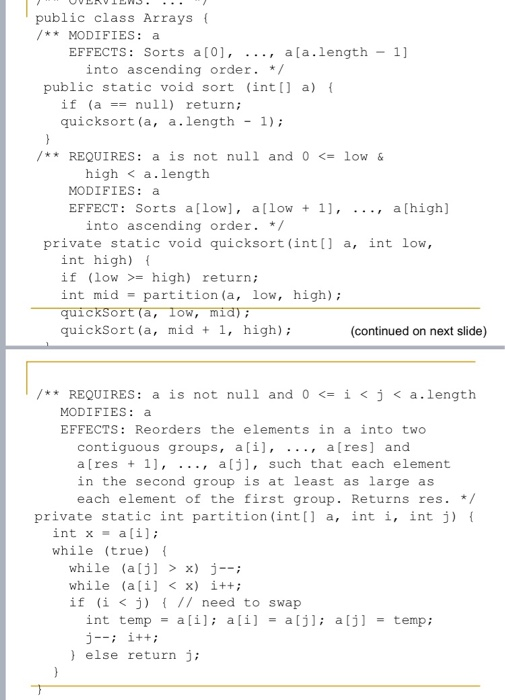 Solved public class Arrays { /** MODIFIES: a EFFECTS: Sorts | Chegg.com