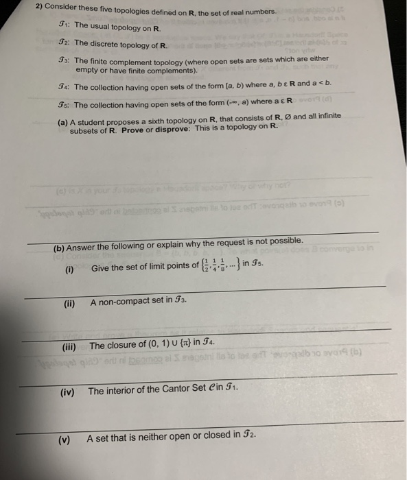Solved 2) Consider these five topologies defined on R, the | Chegg.com