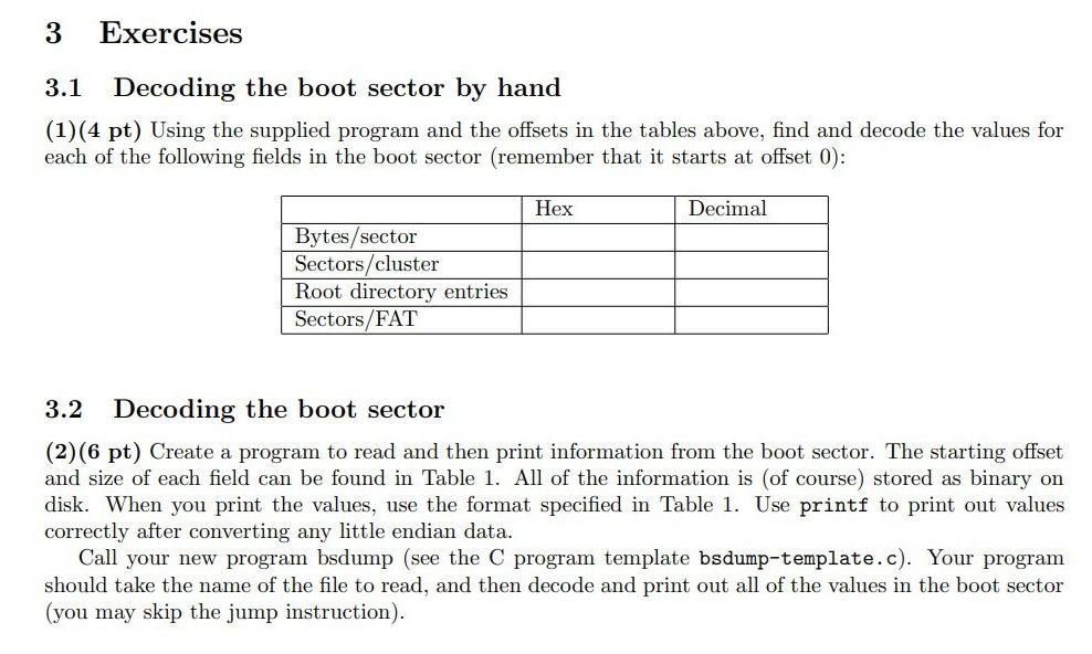 3 Exercises 3.1 Decoding the boot sector by hand | Chegg.com