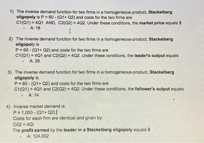 1) The inverse demand function for two firms in a | Chegg.com