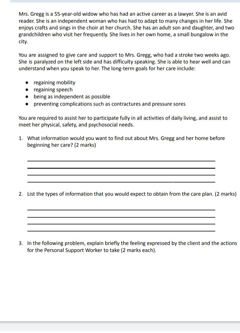 Solved Mrs. Gregg is a 55-year-old widow who has had an | Chegg.com