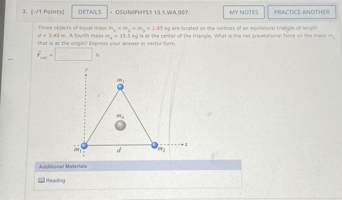 Solved Three objects of equal mass m1=m2=m3=1.85 kg are | Chegg.com