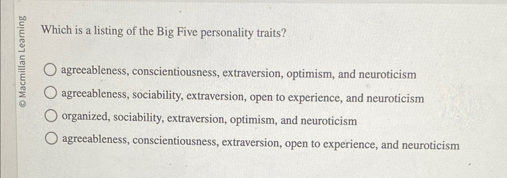 Solved Which is a listing of the Big Five personality | Chegg.com