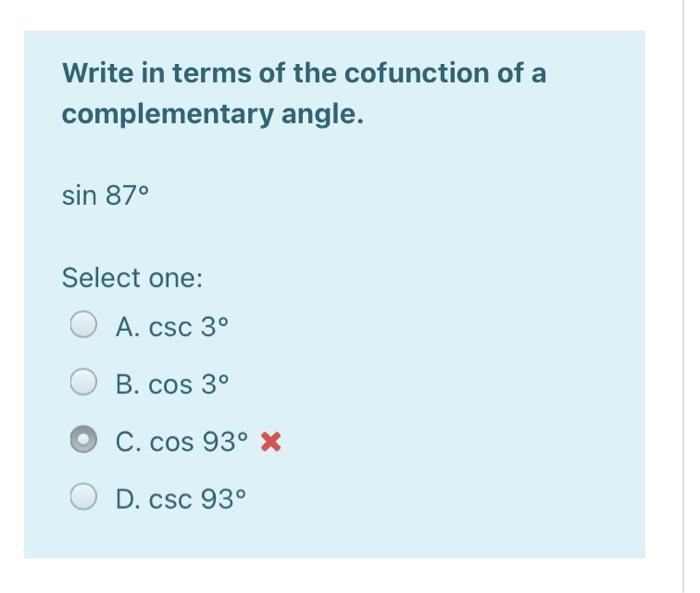 Solved Write in terms of the cofunction of a complementary | Chegg.com